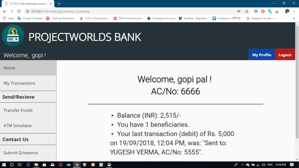 Online Banking System Project in PHP | Projectworlds Store
