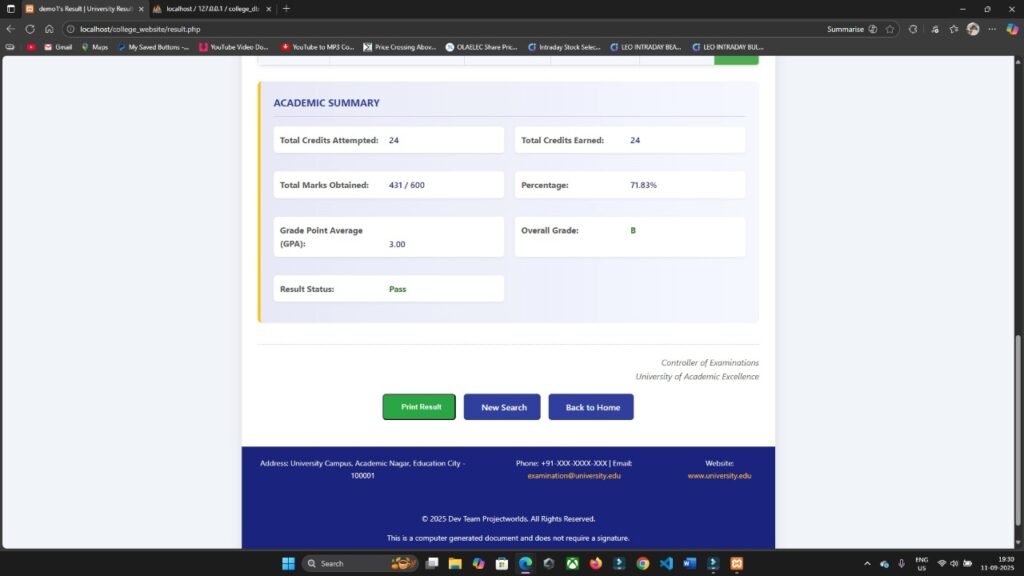 College Result Management System in PHP & MySQL | Projectworlds Store